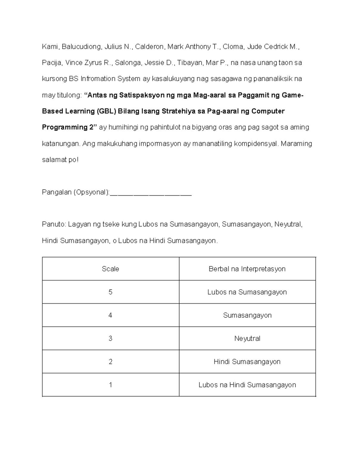 Talatanungan - Kami, Balucudiong, Julius N., Calderon, Mark Anthony T ...