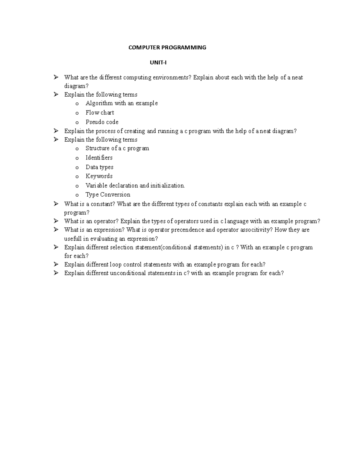 Computer Programming Imp Questions Computer Programming Unit I What Are The Different
