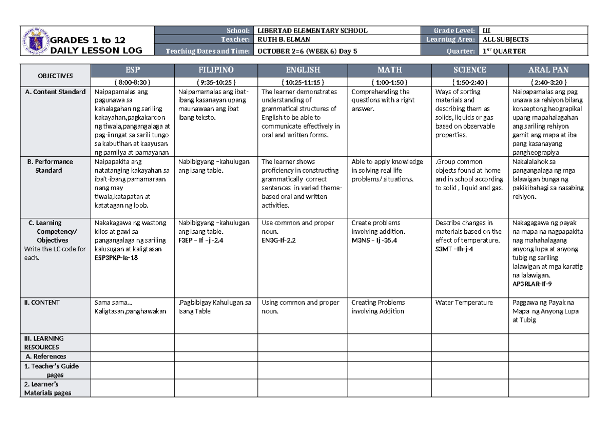 Quarter 1 Week 6 Day 5 - none - GRADES 1 to 12 DAILY LESSON LOG School ...
