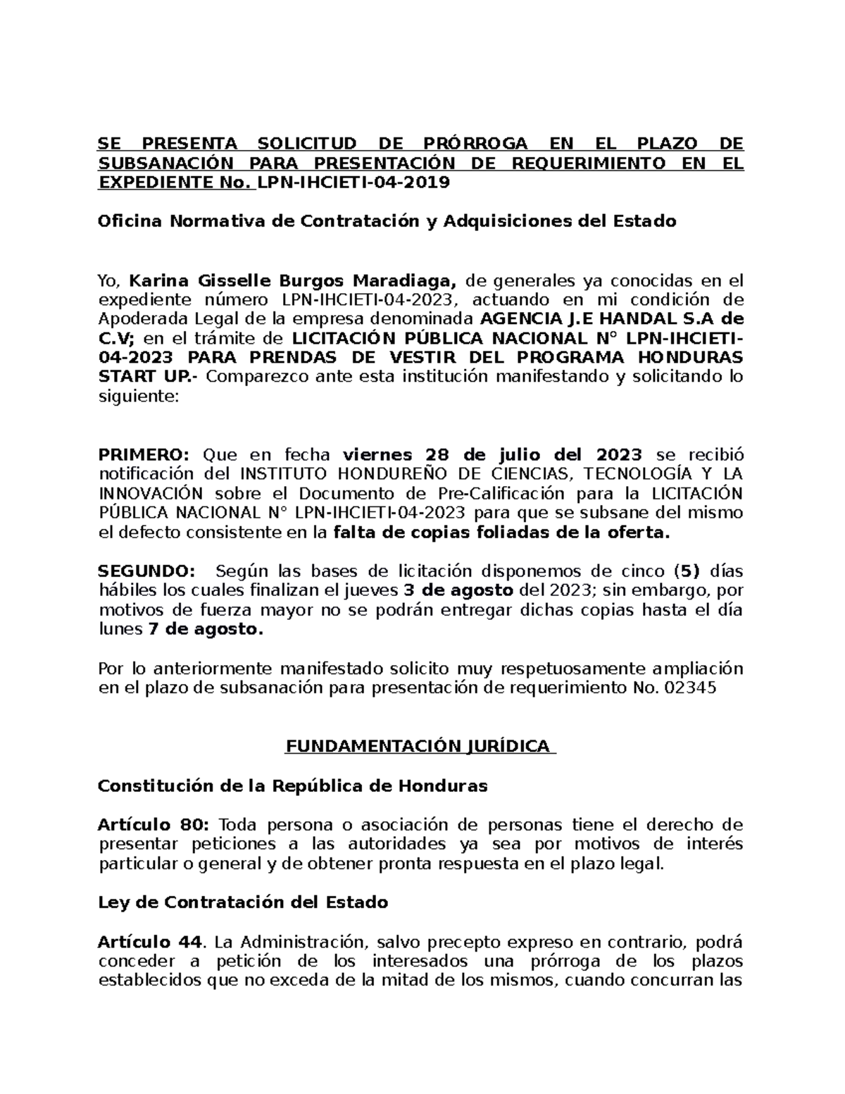 Formato de Solicitud de Prórroga Registro de Proveedores - SE PRESENTA ...