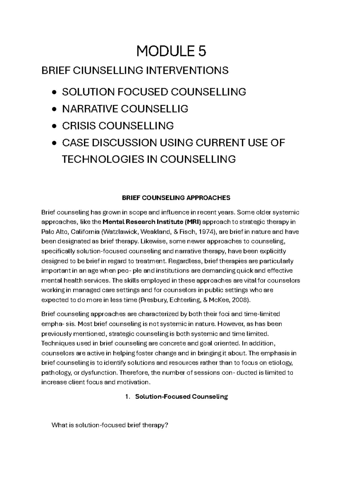 Counselling skills notes mod 5 - MODULE 5 BRIEF CIUNSELLING ...