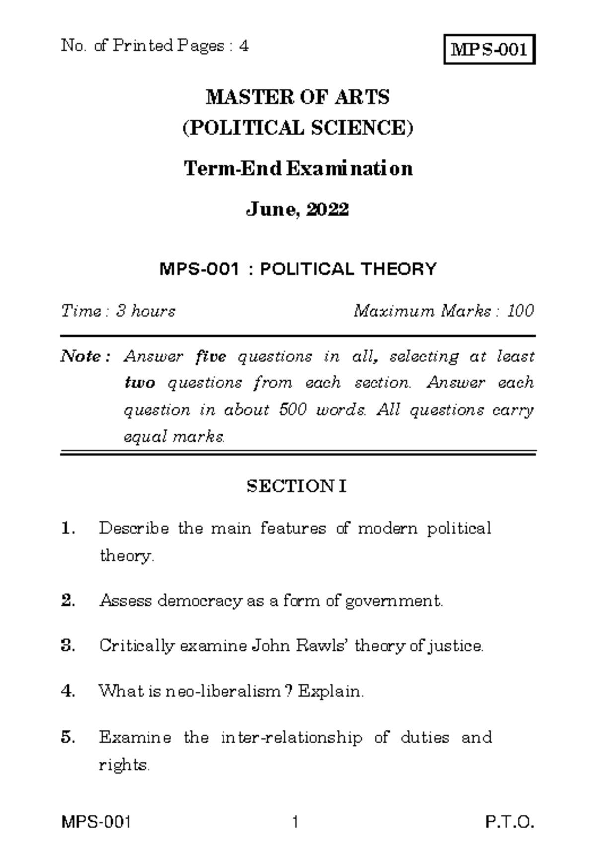 MPS-1 - MPS-001 1 P.T. MPS- MASTER OF ARTS (POLITICAL SCIENCE) Term-End ...