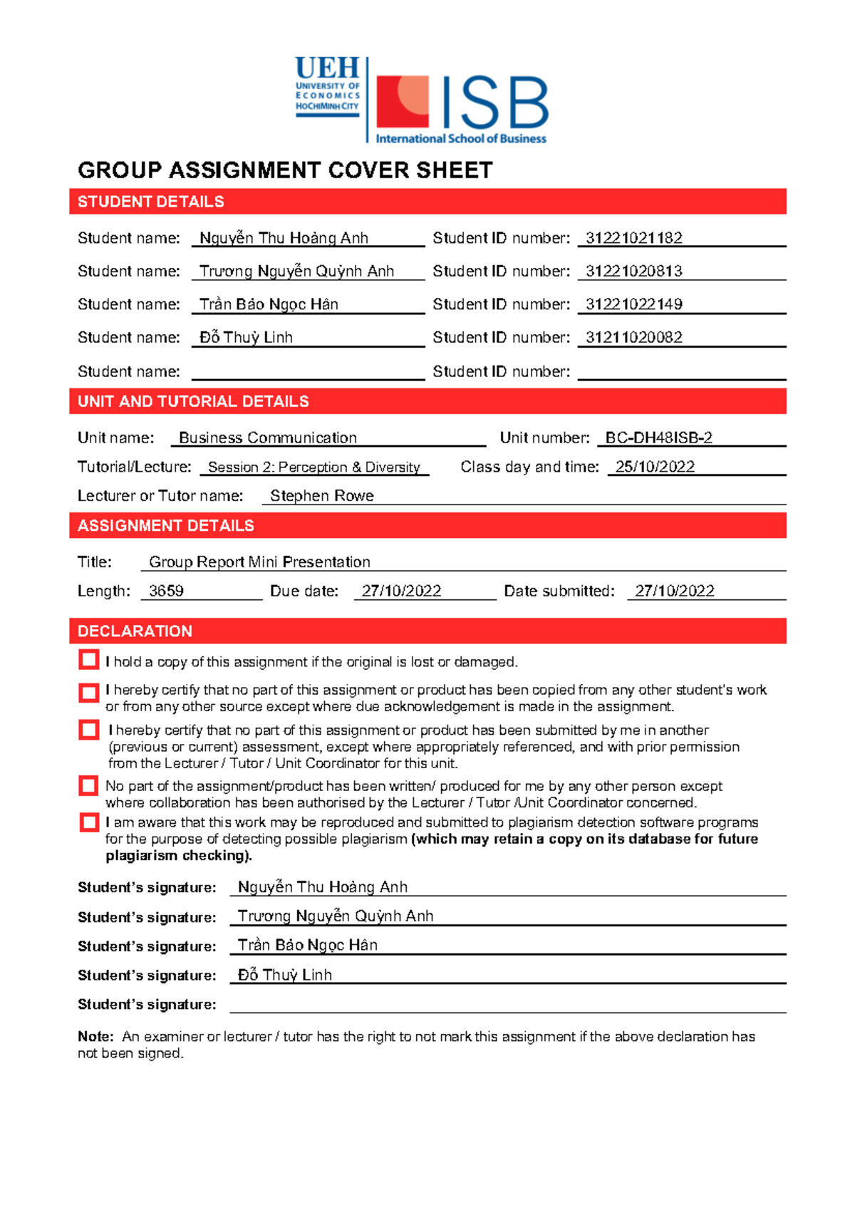 Report Cheesebro Ch2 - GROUP ASSIGNMENT COVER SHEET STUDENT DETAILS Student name: Nguyễn Thu ...