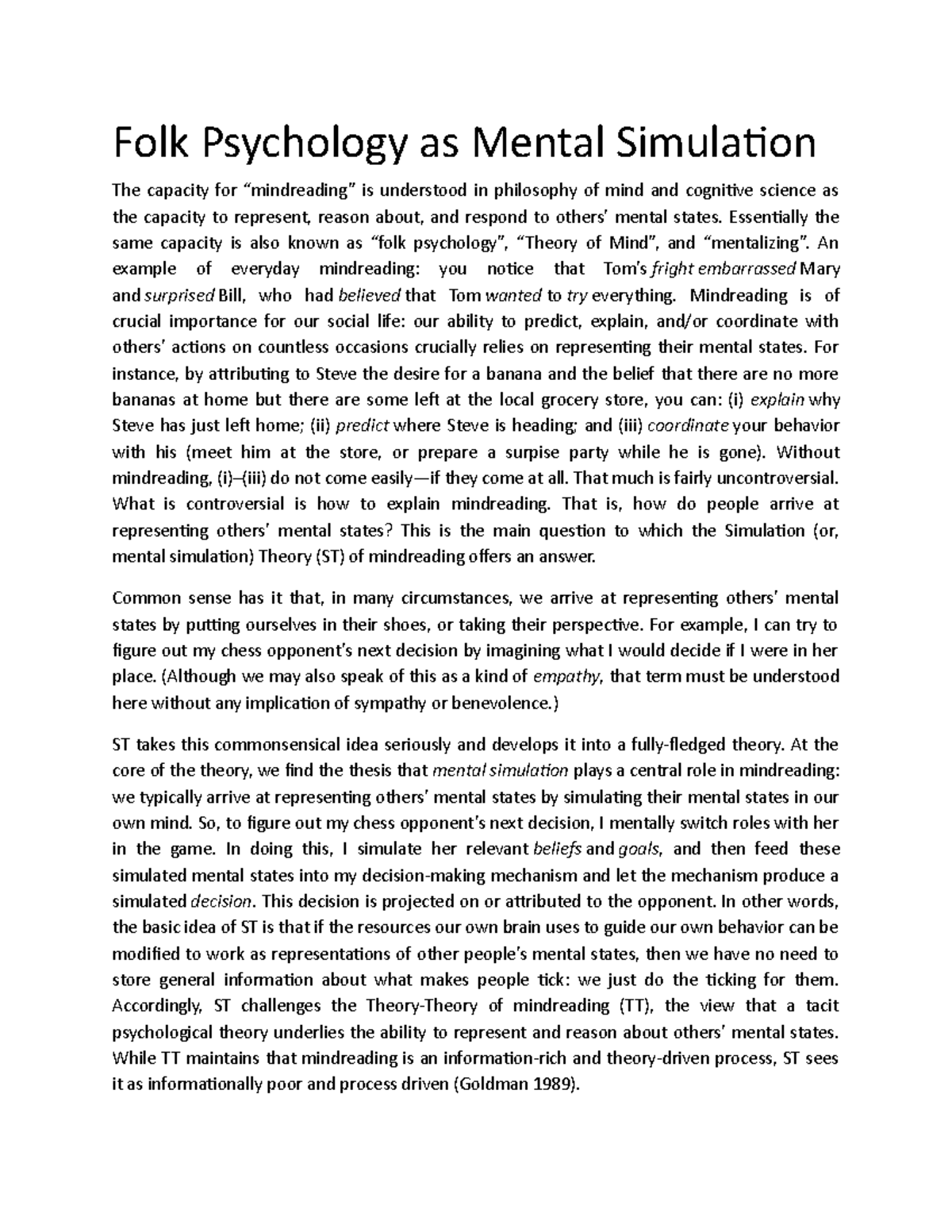 Module 2 Folk Psychology as Mental Simulation - Folk Psychology as ...