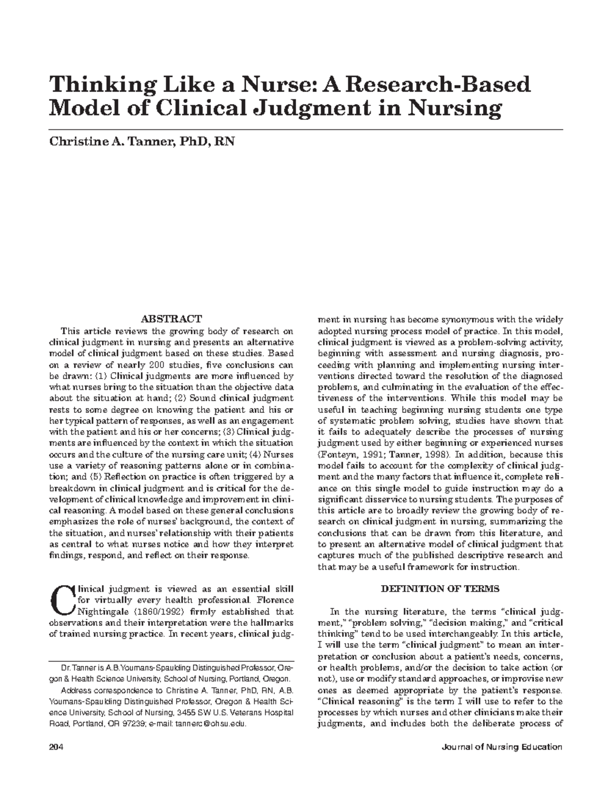 TLN - Tanner Model - Thinking Like a Nurse: A Research-Based Model of ...