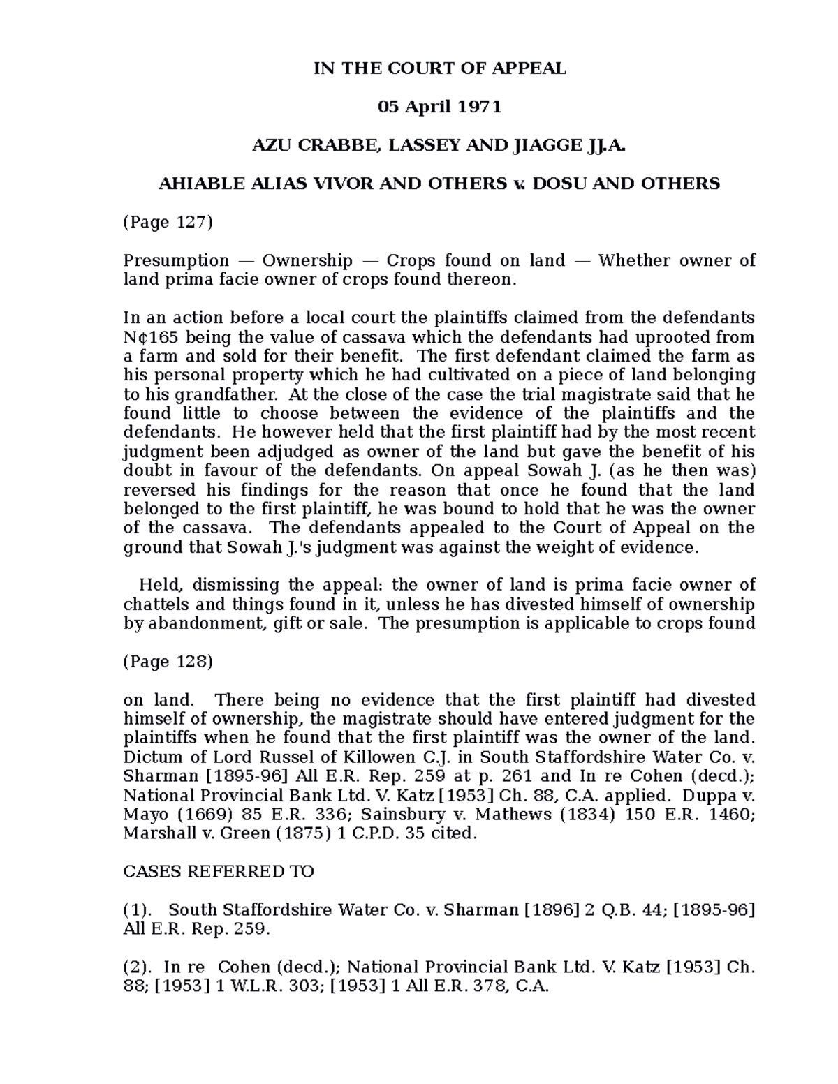 Ahiable v. Dosu - IN THE COURT OF APPEAL 05 April 1971 AZU CRABBE ...