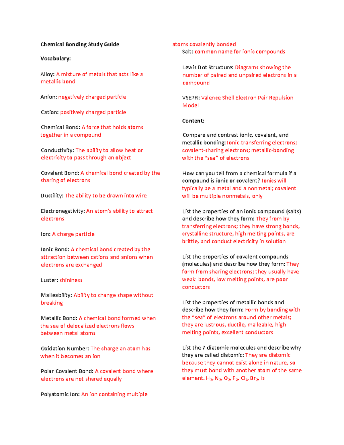 Chemical Bonding Study Guide Answer key - Chemical Bonding Study Guide ...
