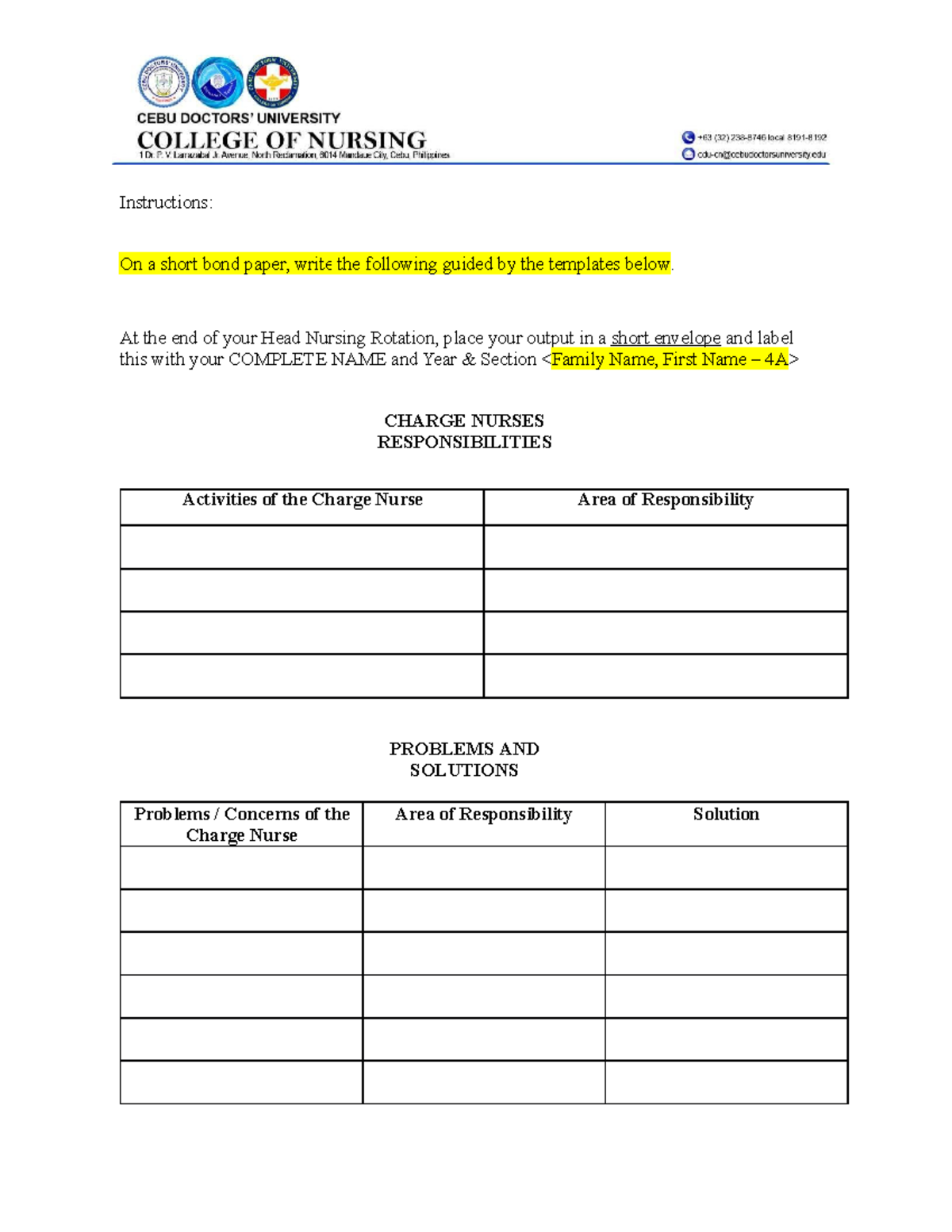 Head Nursing Requirement - Instructions: On a short bond paper, write ...