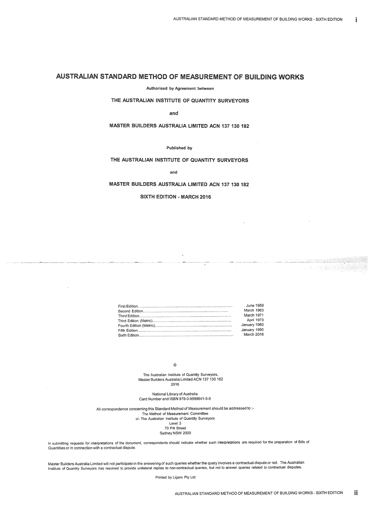 ASSM 6 1 - AUSTRALIAN STANDARD METHOD OF MEASUREMENT OF BUILDING WORKS ...