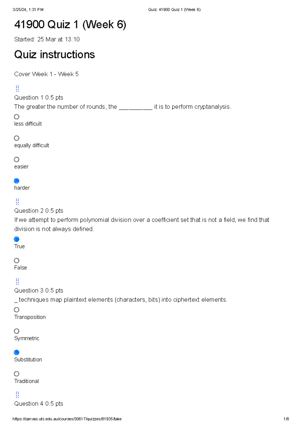 Quiz 41900 Quiz 1 (Week 6) - 41900 Quiz 1 (Week 6) Started: 25 Mar at 13: Quiz instructions ...