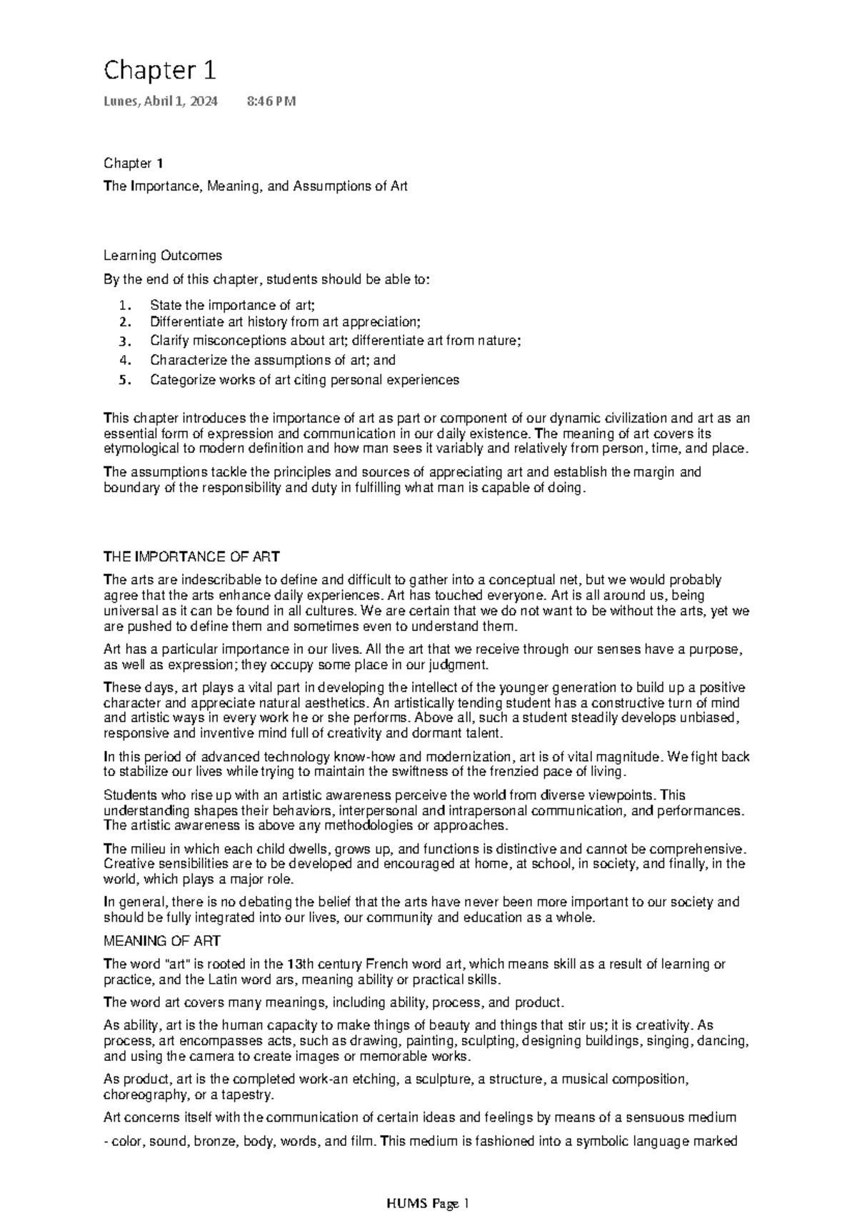 Chapter 1 - Chapter 1 The Importance, Meaning, and Assumptions of Art Learning Outcomes By the ...