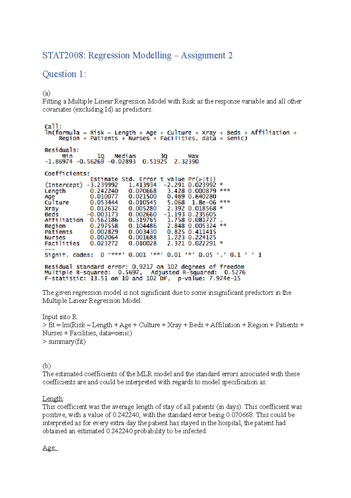 Stat2008 Assignment 2 Stat2008 Regression Modelling Assignment 2 Question 1 A Fitting A 0214