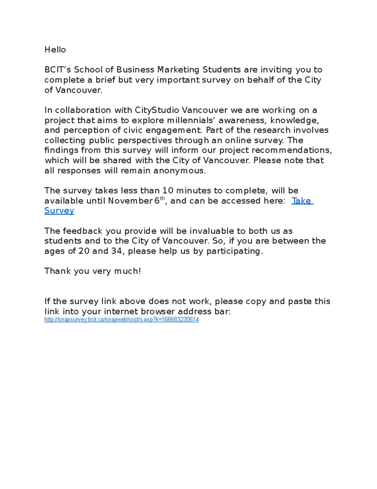 Civic Engagement Survey invitation - Hello BCIT’s School of Business ...