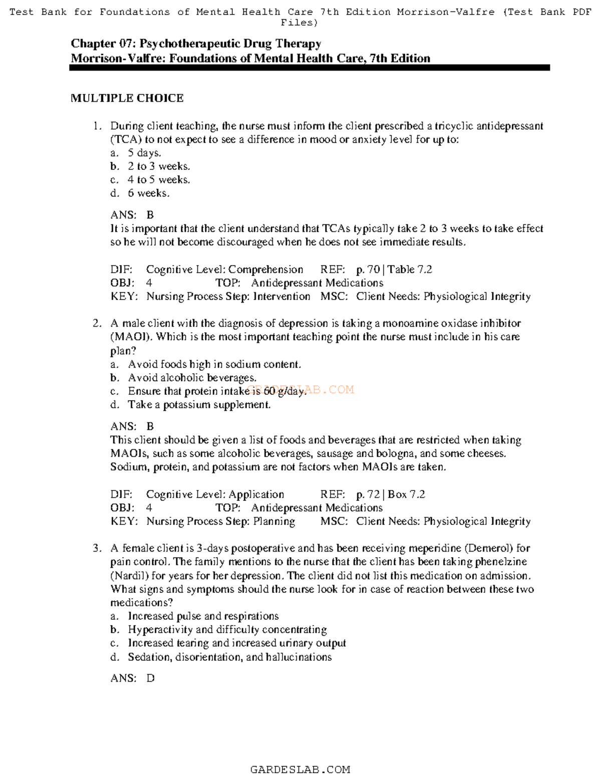 07 - Med surg - GRADESLAB Chapter 07: Psychotherapeutic Drug Therapy ...