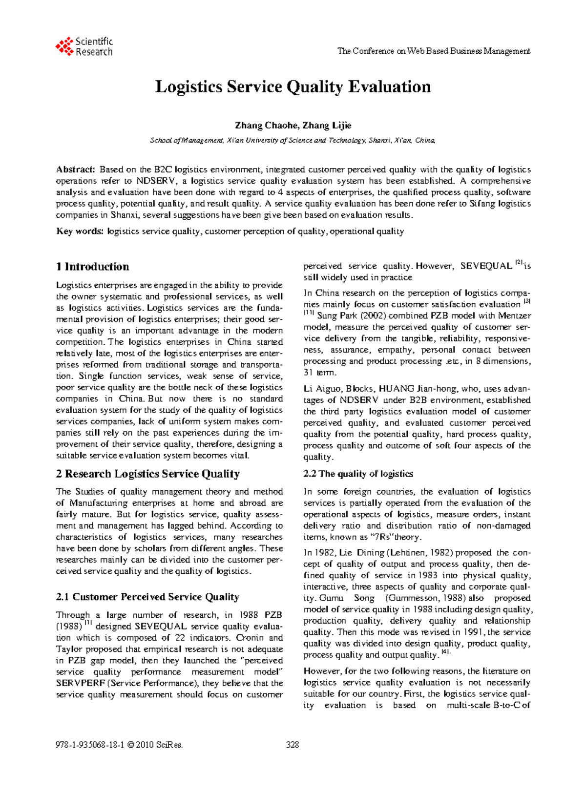 18-1 - Logistics - Logistics Service Quality Evaluation Zhang Chaohe ...
