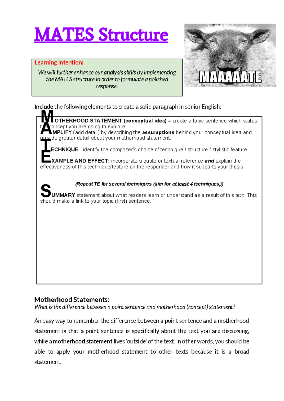 Mates Structure and Paragraph - MATES Structure Learning Intention: We ...
