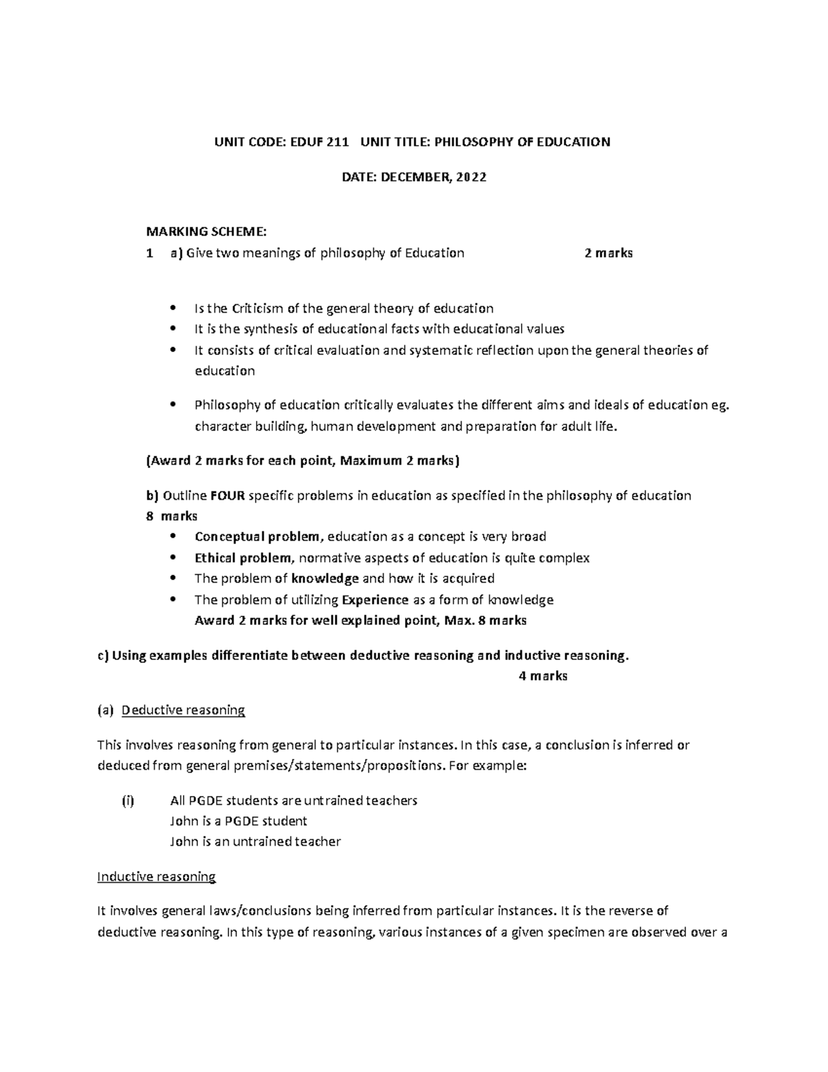 EDUF 211 Marking Scheme December 2022 exam - UNIT CODE: EDUF 211 UNIT ...