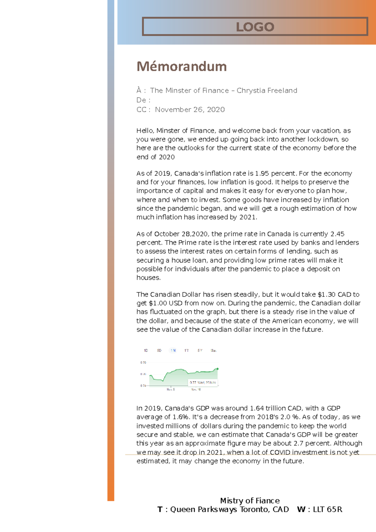 Minster of Finance memo - LOGO Mémorandum À : The Minster of Finance ...