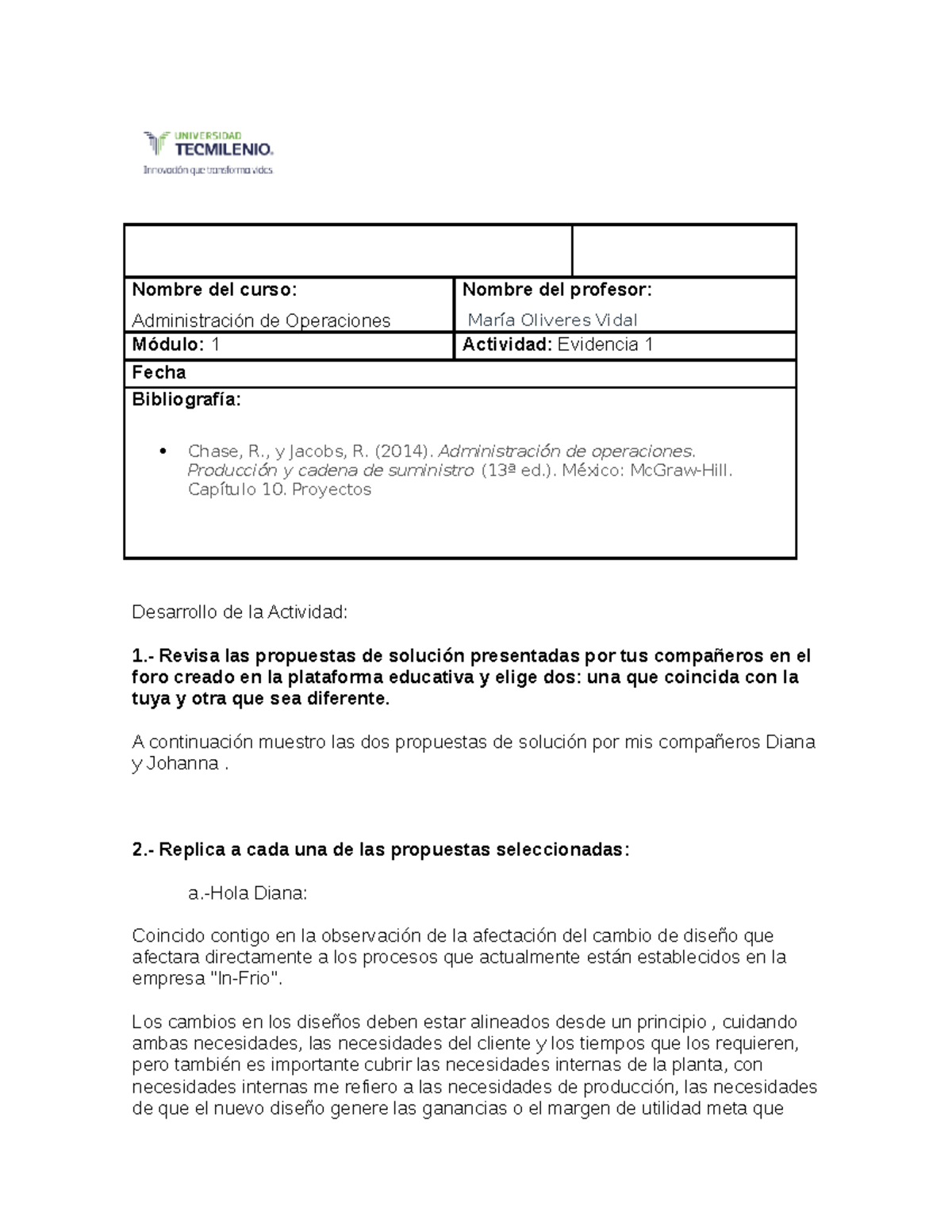 Evidencia 1 Administracion de Operaciones Compartir - Nombre del curso: Administración de - Studocu