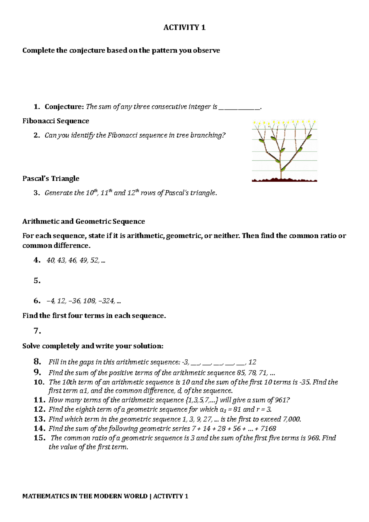 GE4-Activity 1 - practice - ACTIVITY 1 Complete the conjecture based on the pattern you observe ...