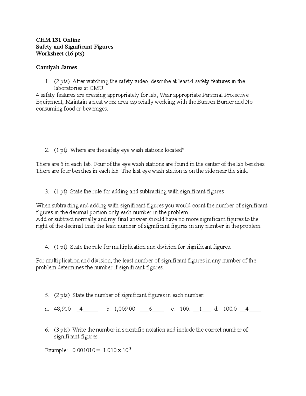 Worksheet for CHM 131 - CHM 131 Online Safety and Significant Figures ...
