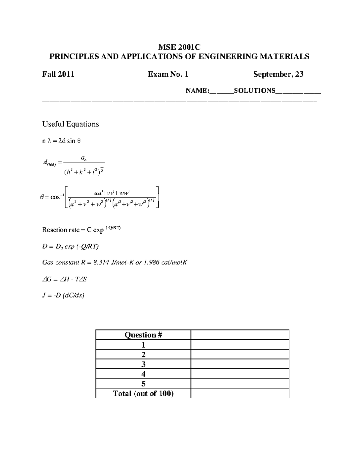 MSE test 1 - Exam Solutions - MSE 2001C PRINCIPLES AND APPLICATIONS OF ...