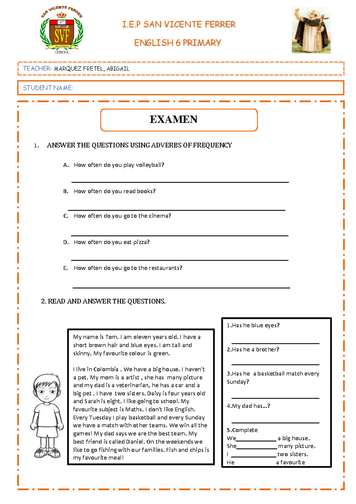 Examen 6TO - texto informativo - EXAMEN 1. ANSWER THE QUESTIONS USING ...