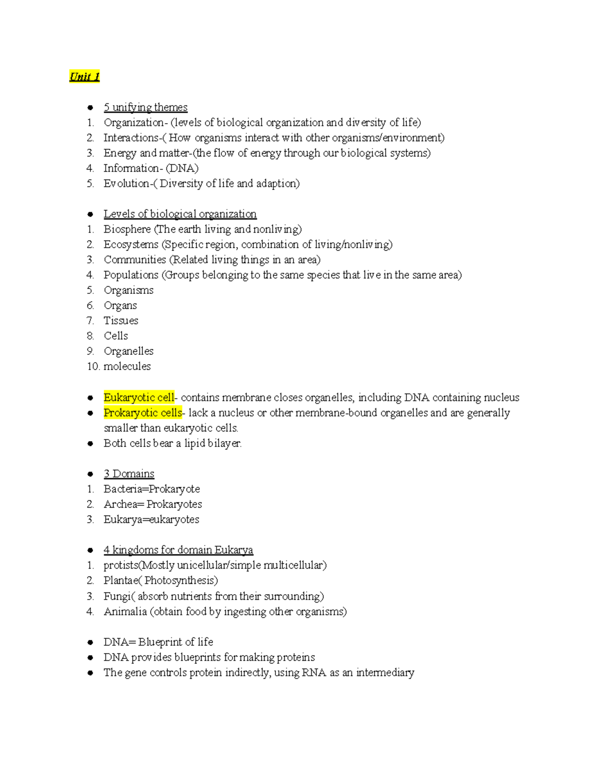 Biology 1107 Unit 1 - Notes from Unit 1 - Unit 1 5 unifying themes ...