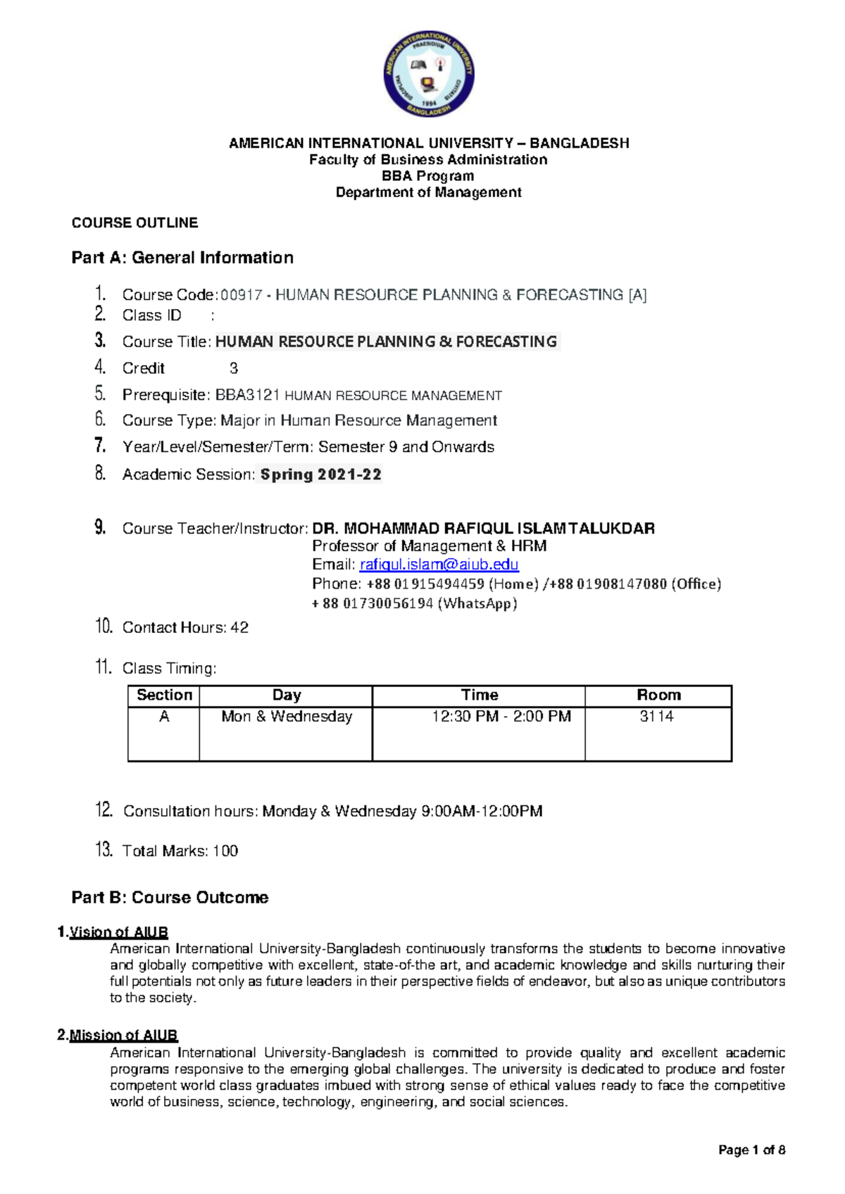 Spring 21-22-HRPF - Course Outline-DR. Talukdar - Human Resource ...