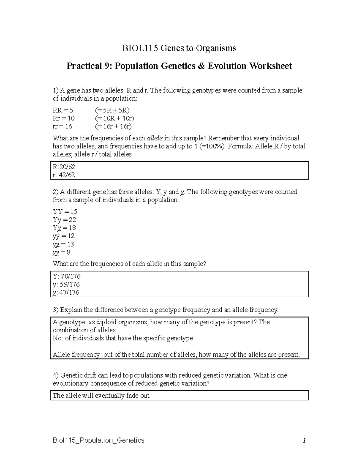 BIOL115 Population genetics worksheet - BIOL115 Genes to Organisms ...