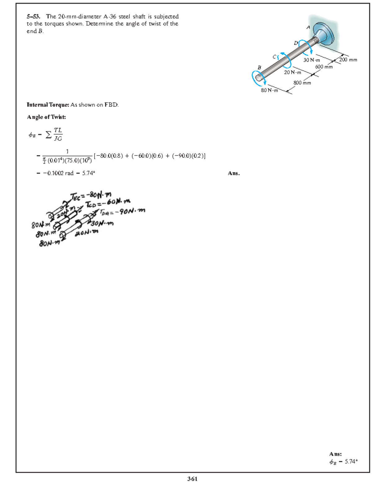재료역학 솔-0361-0540 - 12313 - Ans: f B = 5° Internal Torque: As shown on ...