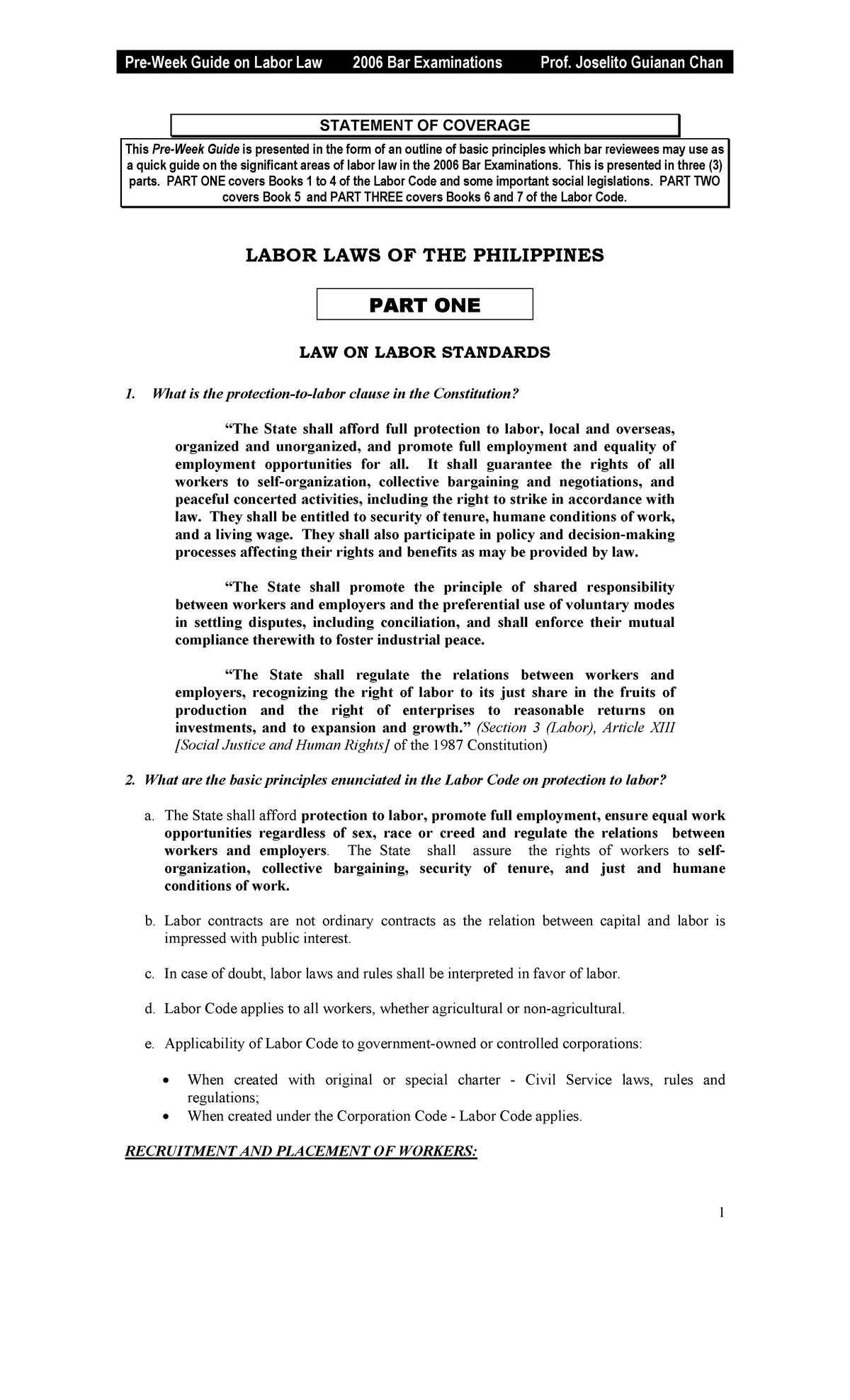 Reviewer Labor Cases - STATEMENT OF COVERAGE This Pre-Week Guide is ...