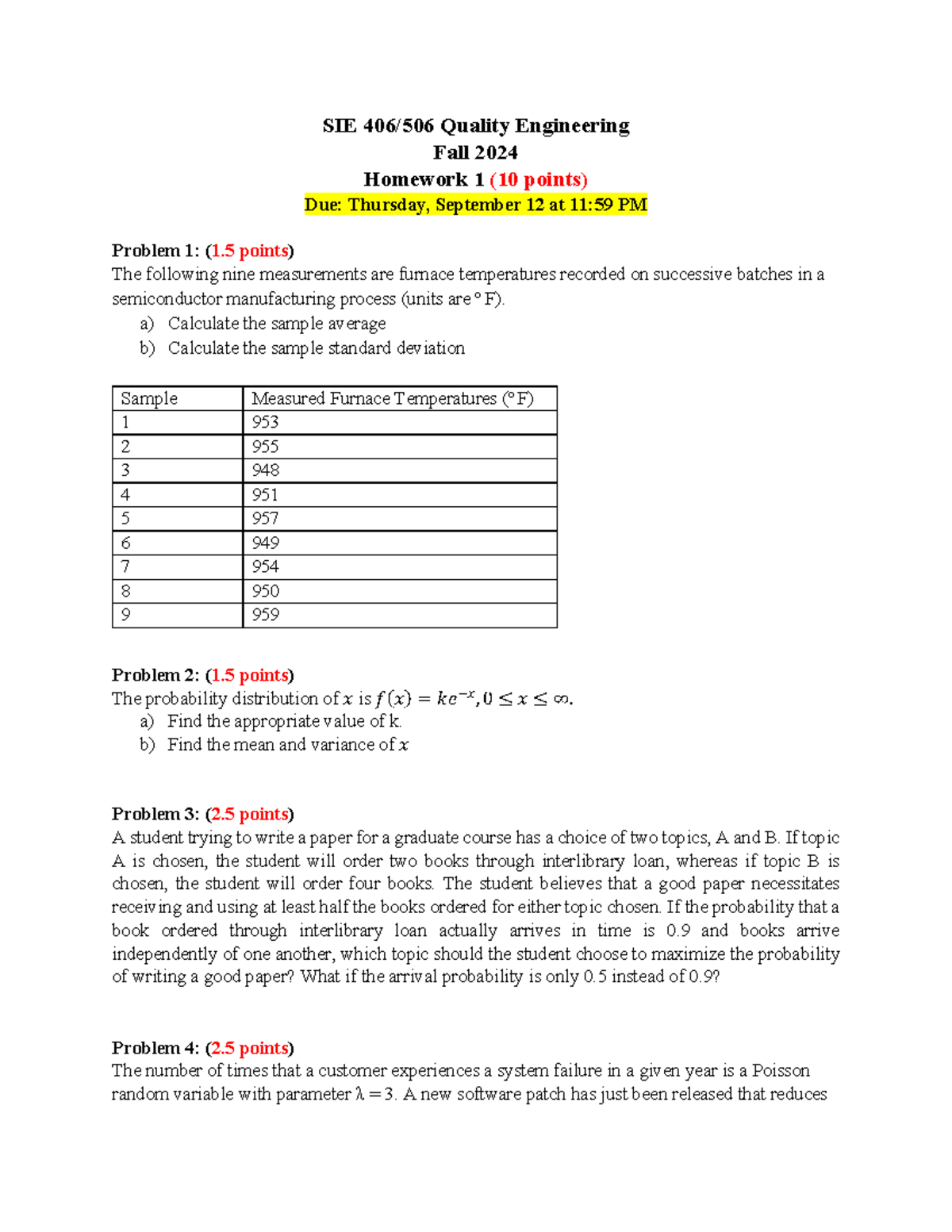 HW1 assignment - Homework 1 - SIE 406/506 Quality Engineering Fall 2024 Homework 1 (10 points ...