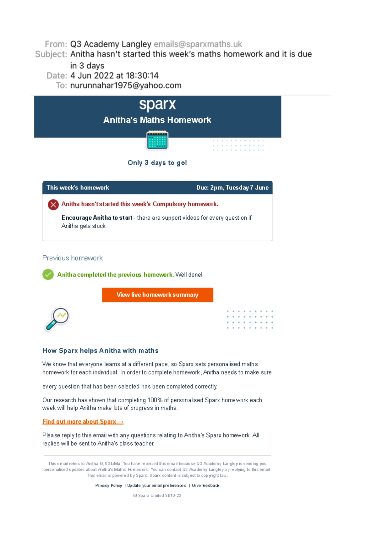 Anitha hasn't started this week’s maths homework and it is due in 3 ...