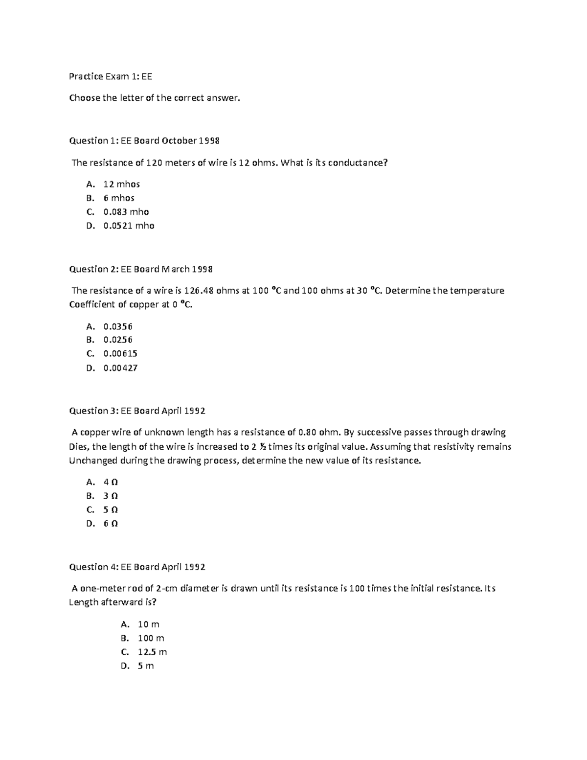 EEPrac Test 1 - Basic electrical principle - Practice Exam 1: EE Choose ...
