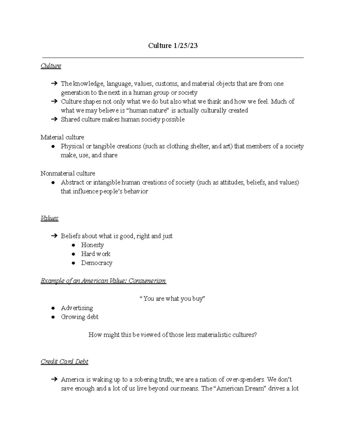 SYG2000 Culture Notes - Culture 1/25/ Culture The knowledge, language ...