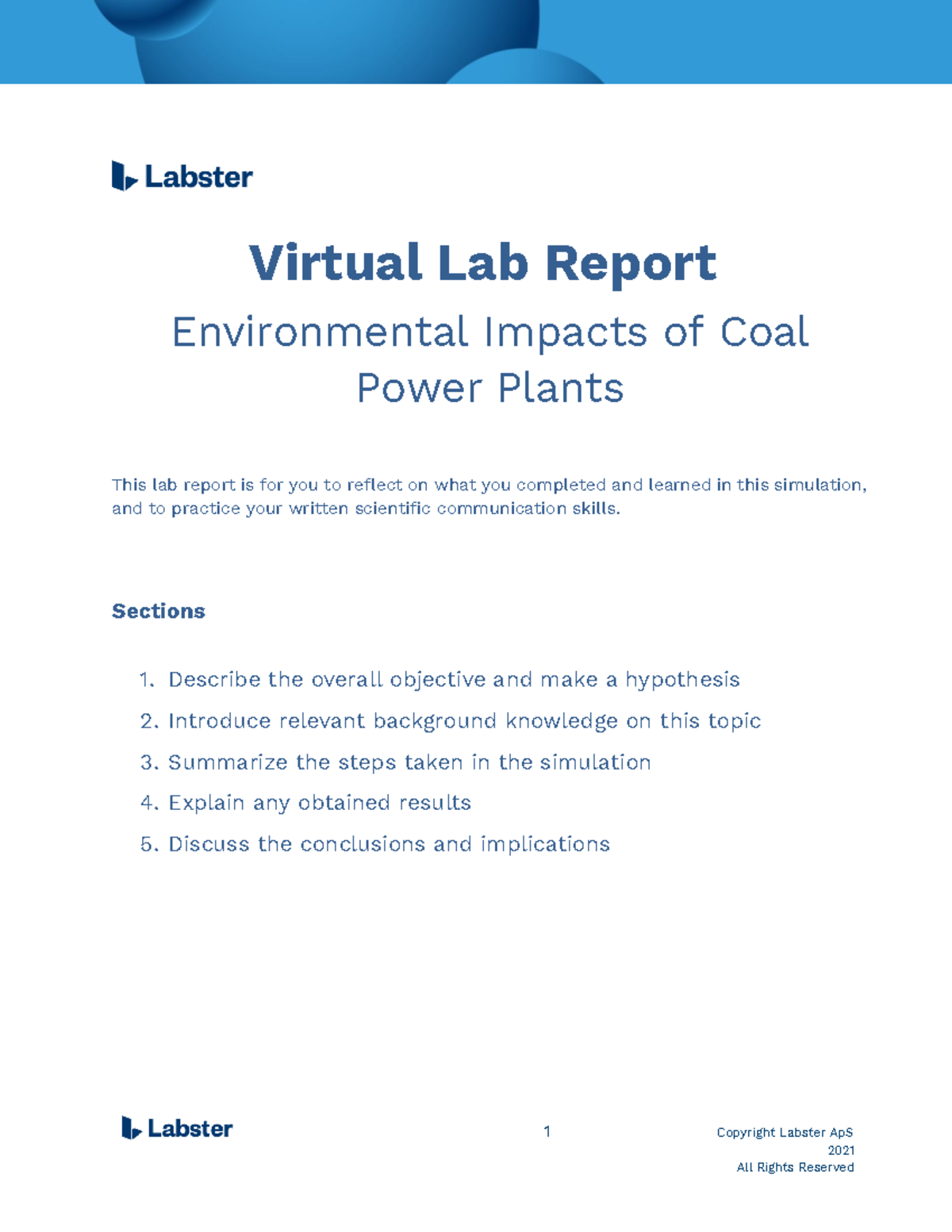 Environ Impacts Coal Power Plants Lab MT - 1 Copyright Labster ApS 2021 ...