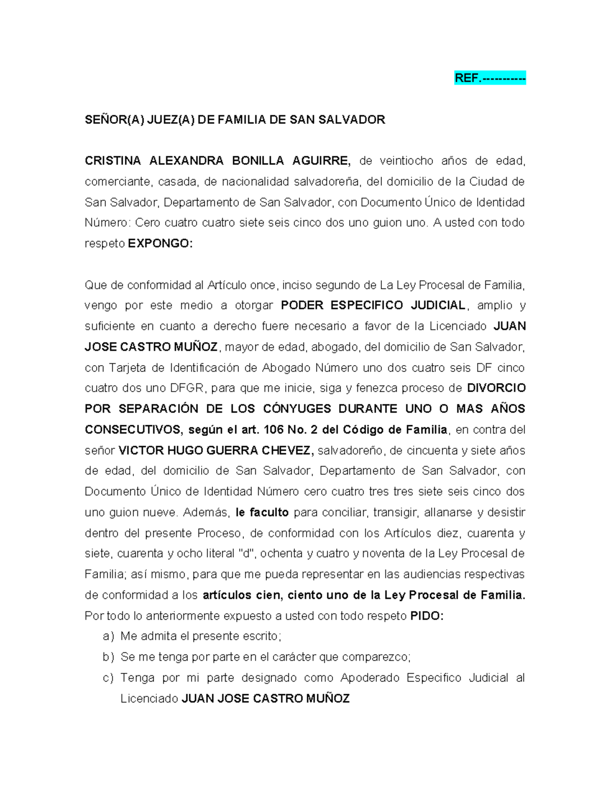 Modelo de poder especifico judicial - REF.- SEÑOR(A) JUEZ(A) DE FAMILIA ...