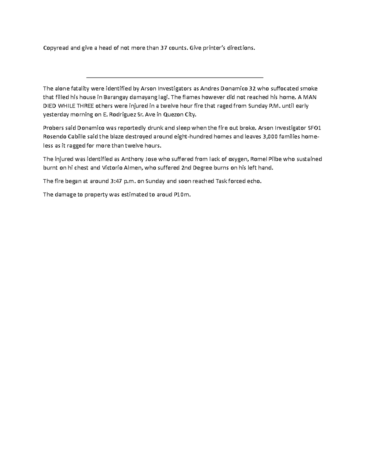 Copyread and give a head of not more than 37 counts - Give printer’s ...