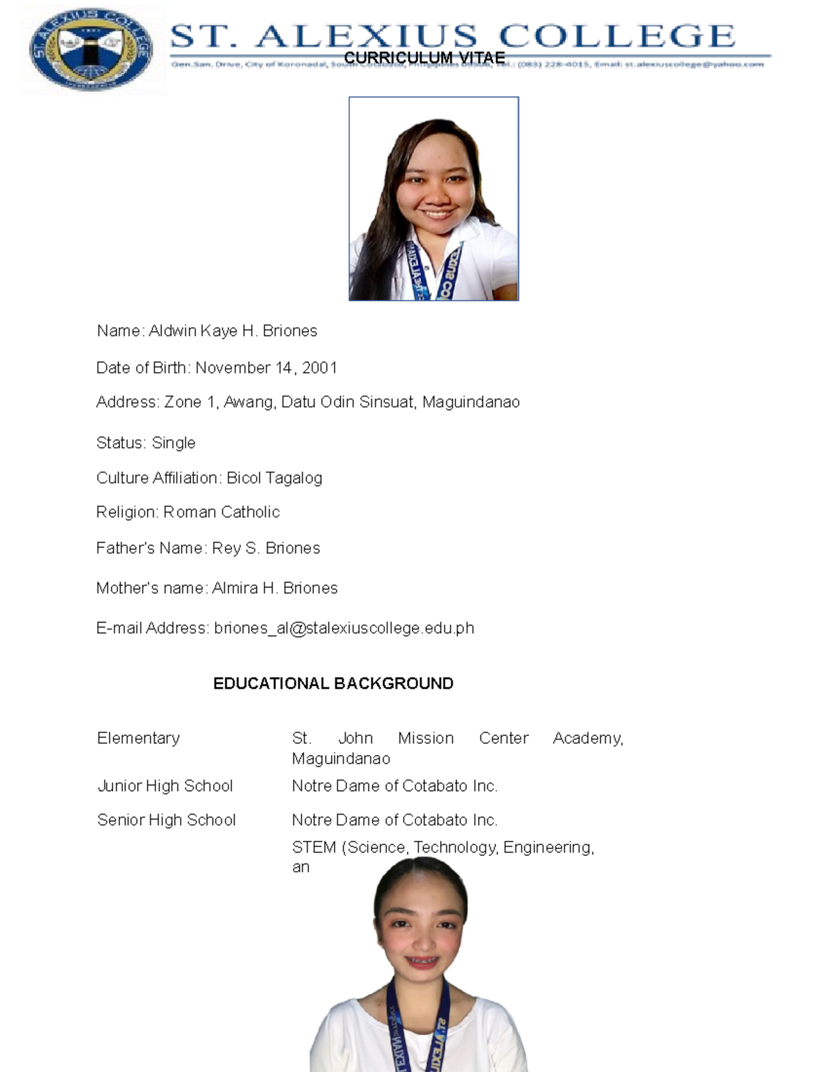 Appendices- CUR Vitae - CURRICULUM VITAE Name: Aldwin Kaye H. Briones ...