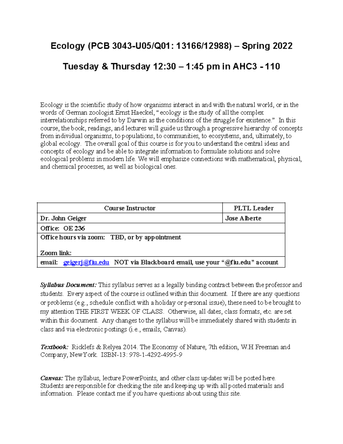 1 - Syllabus for PCB Ecology - Ecology (PCB 3043-U05/Q01: 13166/12988 ...