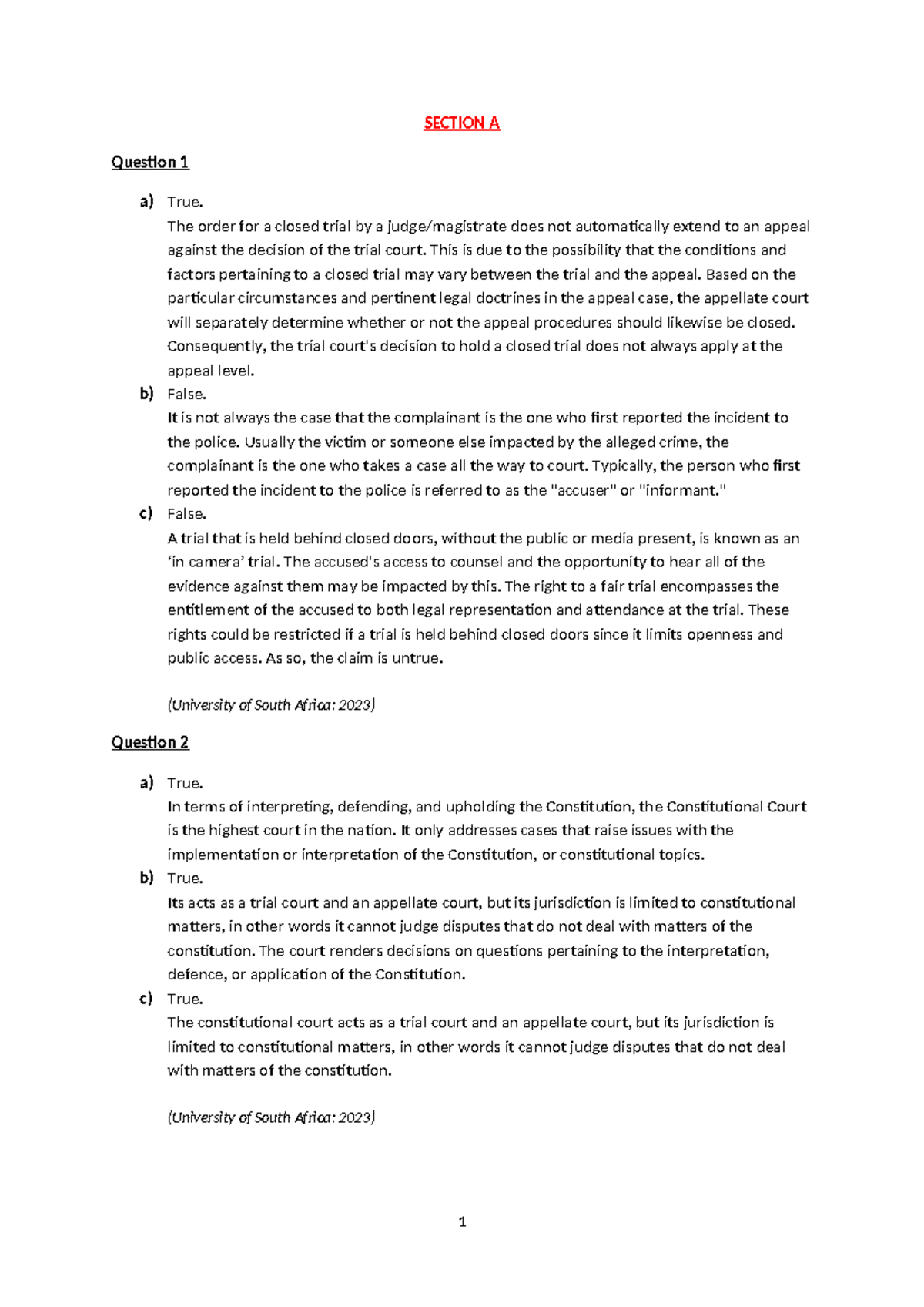 EXAM Answer Script CML1501 - SECTION A Question 1 a) True. The order ...