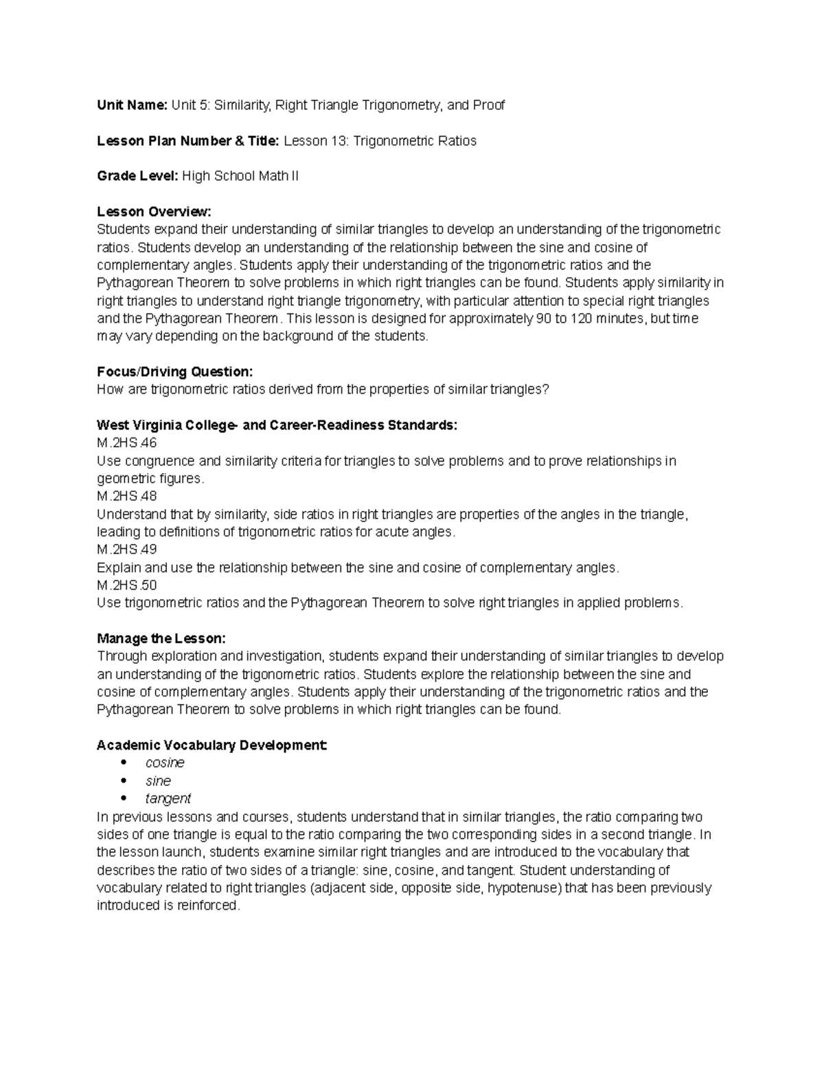 Math II Unit V Lesson 13 - Unit Name: Unit 5: Similarity, Right ...