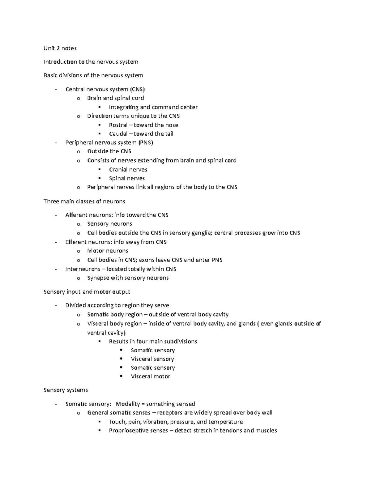 Unit 2 notes - Unit 2 notes Introduction to the nervous system Basic ...