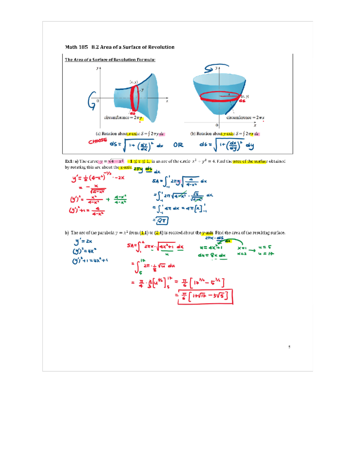 8.2 One Note - Sect. 8.2 Area of a Surface Revolution - Math 185 8 Area ...