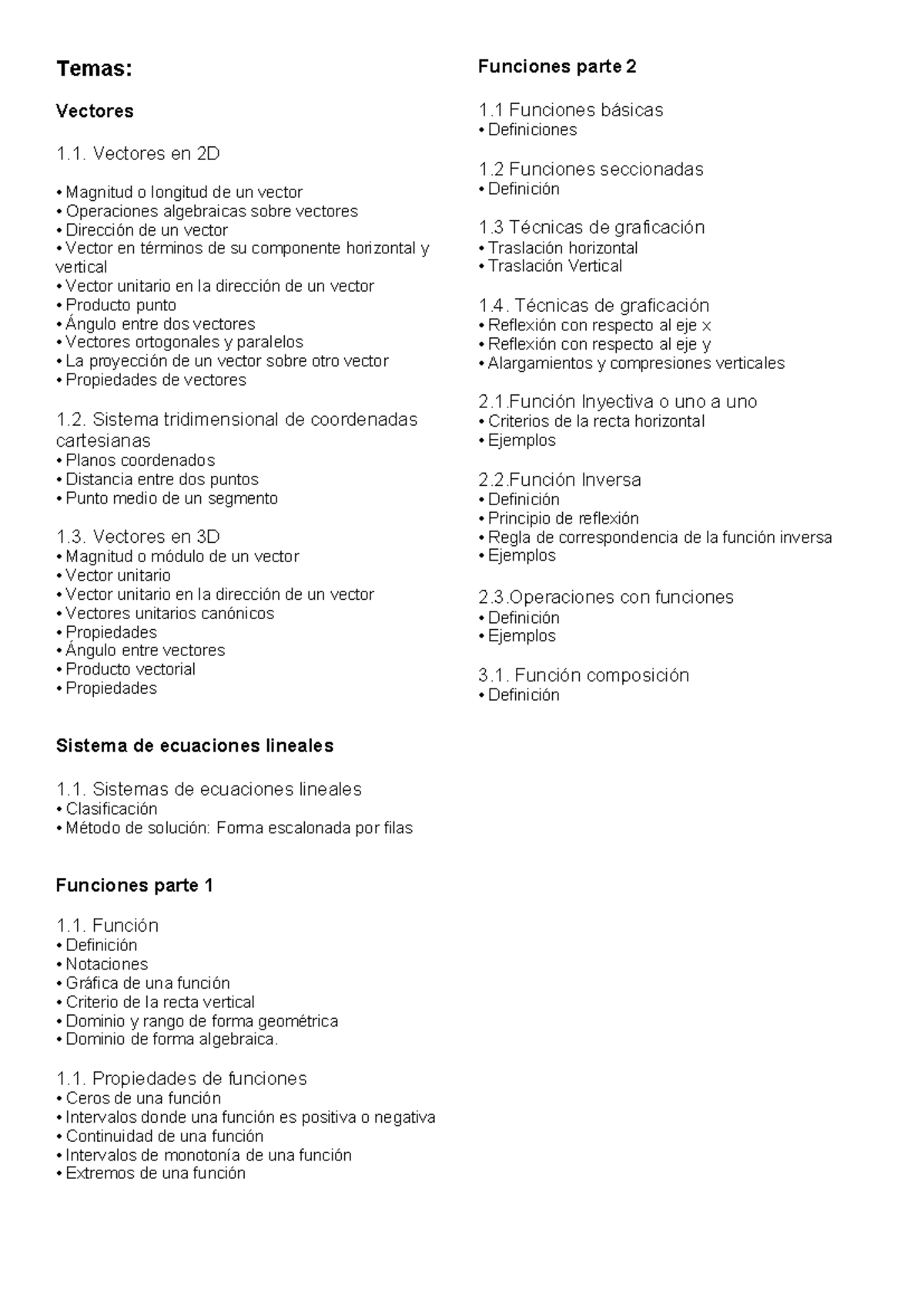 Temario EU 2 Matemática - Temas: Vectores 1. Vectores en 2D • Magnitud ...