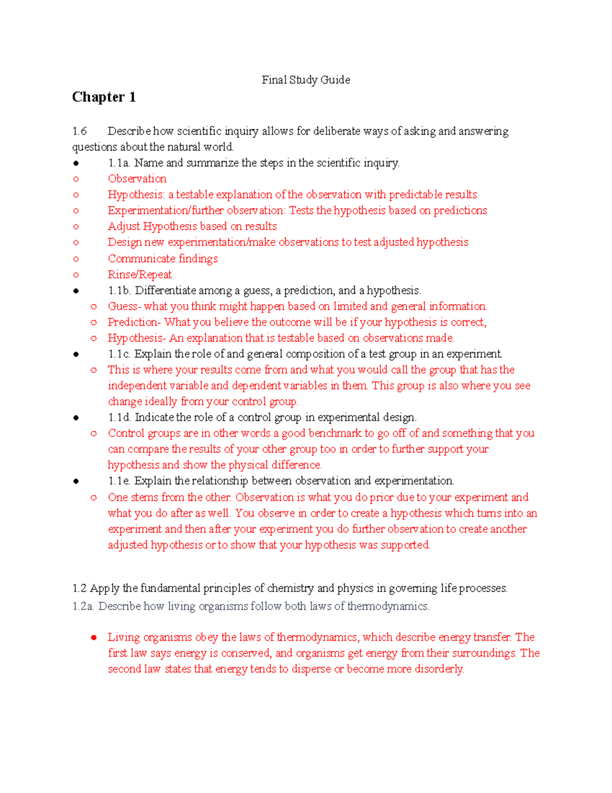 Bio Study Guide - Final Study Guide Chapter 1 1 Describe how scientific ...