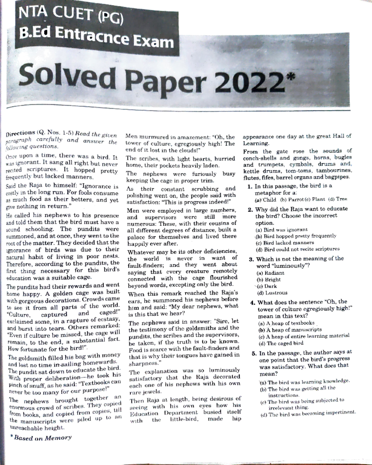 Solved paper - NTA CUET (PG) B Entracnce Exam Solved Paper 2022 ...