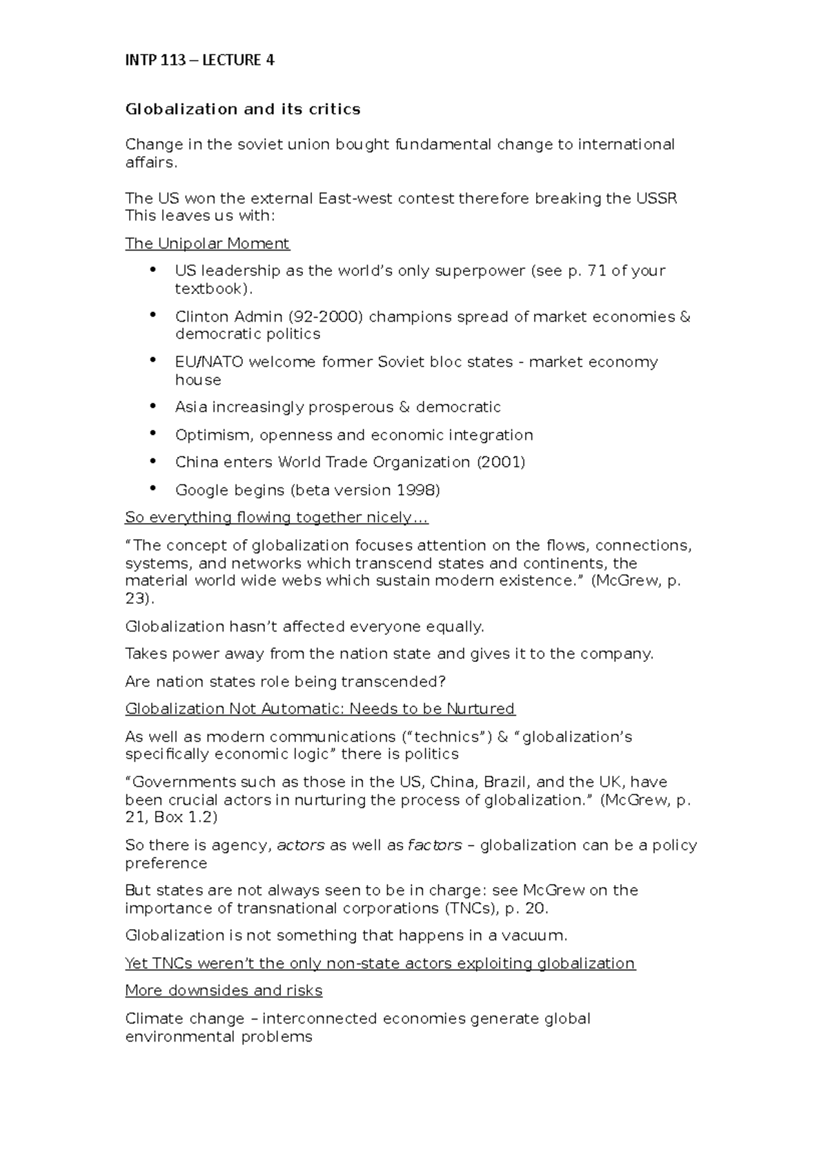 INTP 113 – Lecture 4 - INTP 113 – LECTURE 4 Globalization and its critics Change in the soviet ...