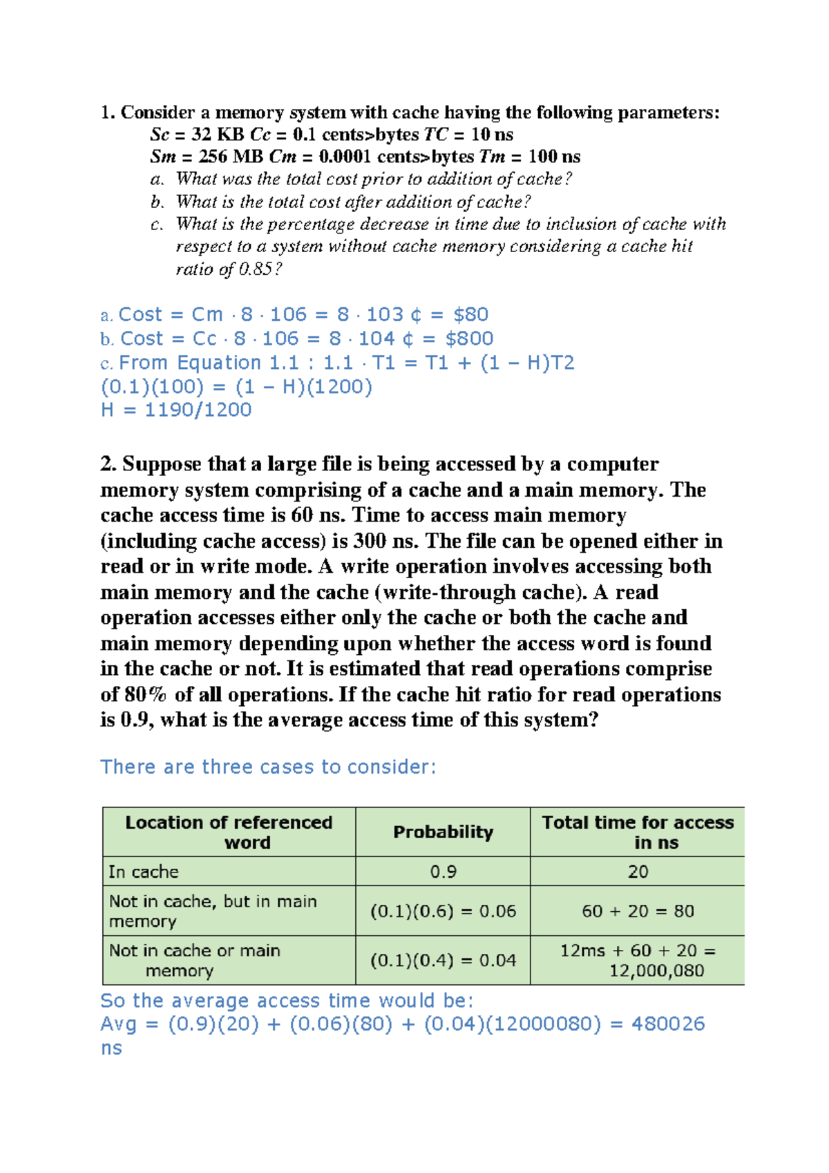 Assignment 2 with Answers - Consider a memory system with cache having ...